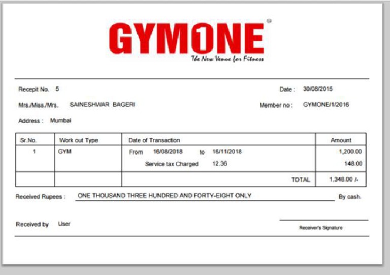 Gym Membership Receipt Template PDF | PDF