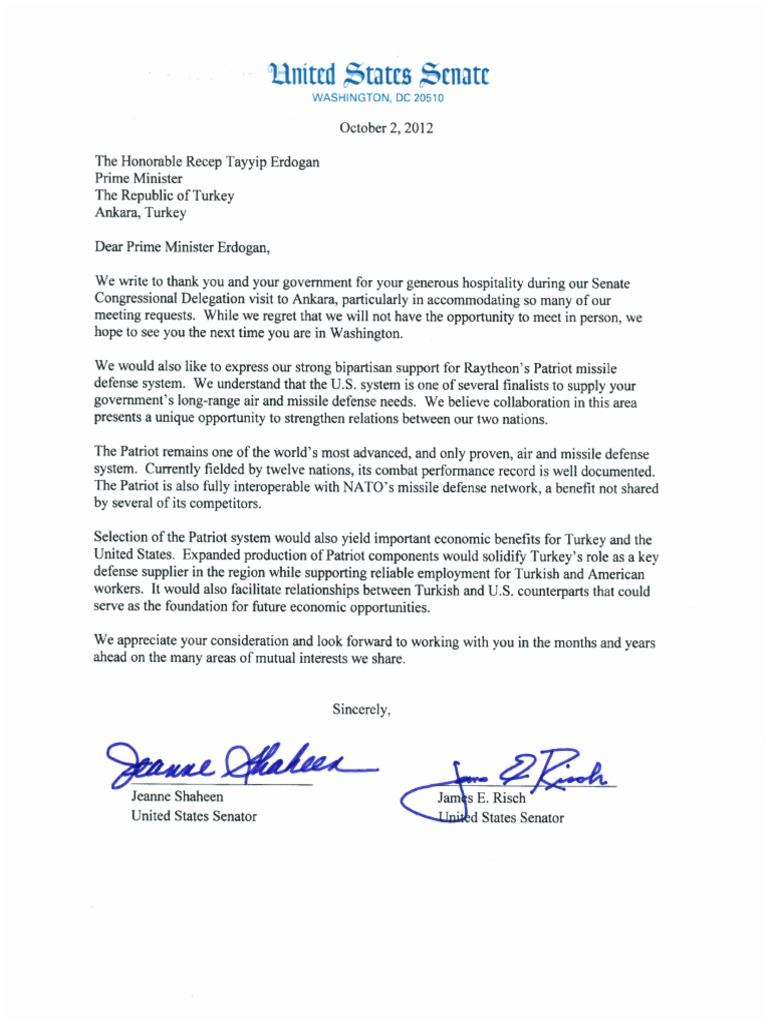 2012 Erdogan Patriot Risch-Shaheen Letter | PDF