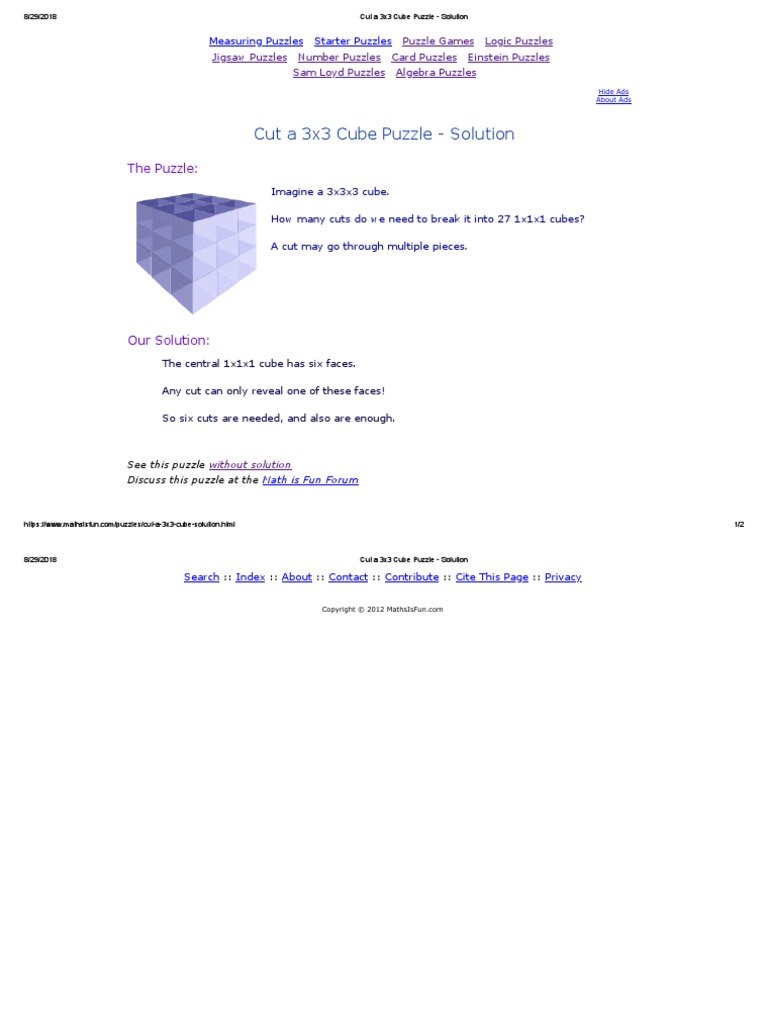 Cut a 3x3 Cube Puzzle - Solution