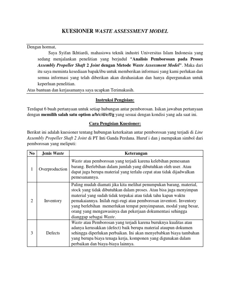 Kuesioner Waste Assessment Model | PDF