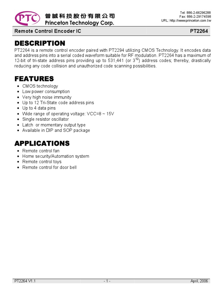 Remote Control Encoder IC PT2264 | PDF | Electronics | Electrical ...
