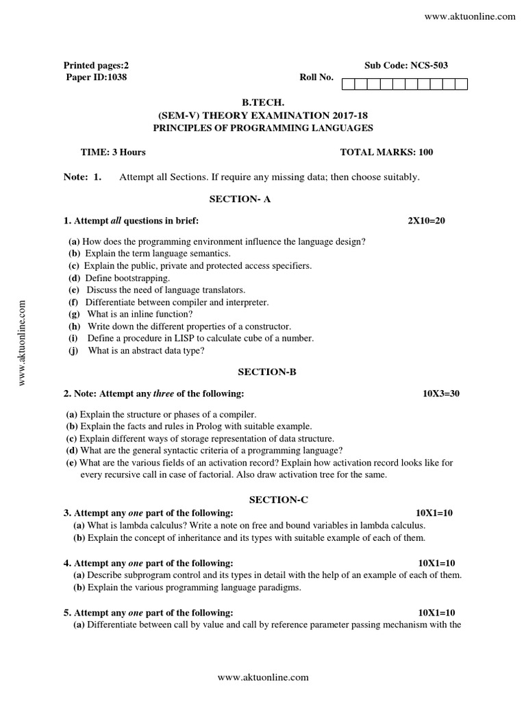 PPL 2017 Aktu Paper | PDF | Subroutine | Programming Language