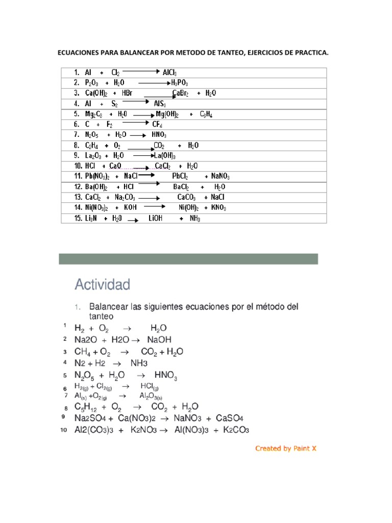 Ecuaciones para Balancear Por Metodo de Tanteo PDF | PDF
