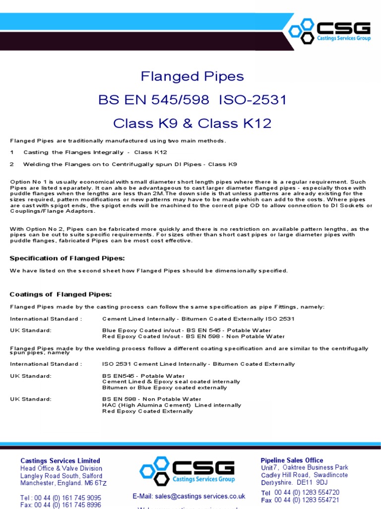 Flanged Pipes: BS EN 545/598 Specs | PDF | Pipe (Fluid Conveyance ...
