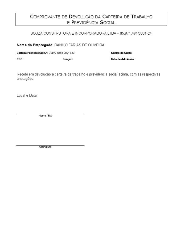 RECIBO Devolucao CTPS | PDF