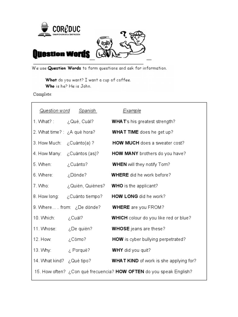 Question Word Spanish Example: We Use Question Words To Form Questions ...