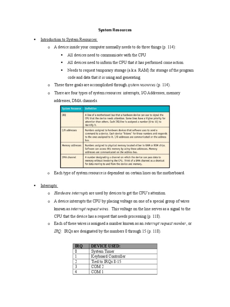 System Resources On PC (IRQ, DMA, I-OAddress) | PDF | Input/Output | Random Access Memory