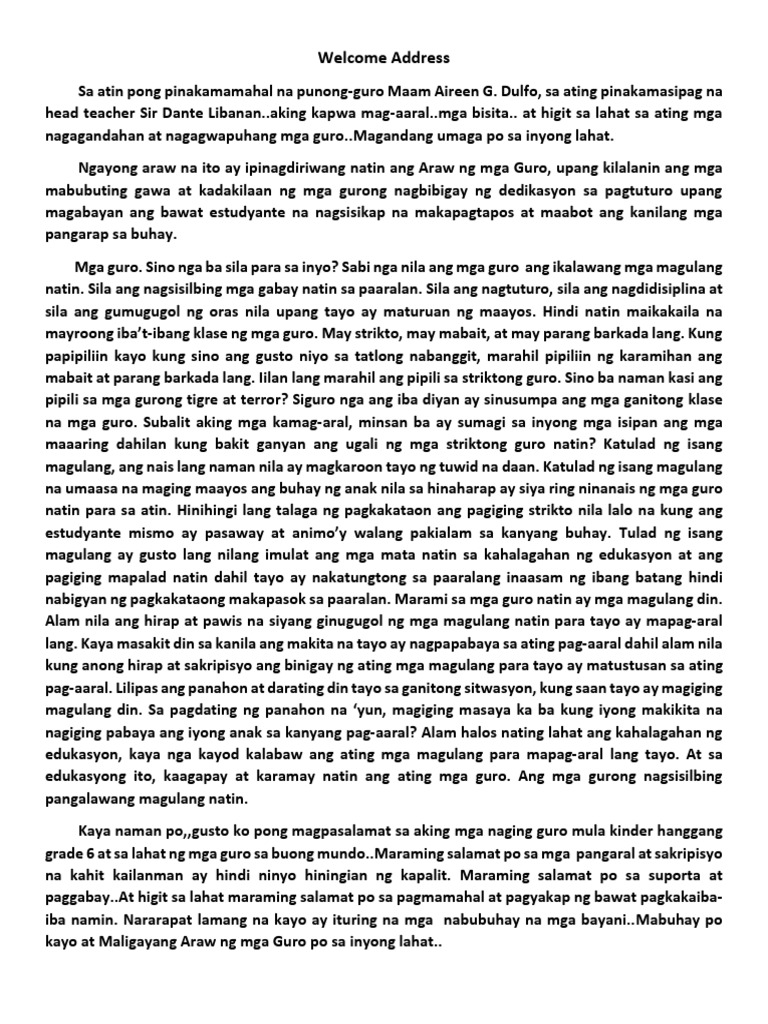 Welcome Address Ni Kuya Thirdy para Sa Araw NG Mga Guro | PDF