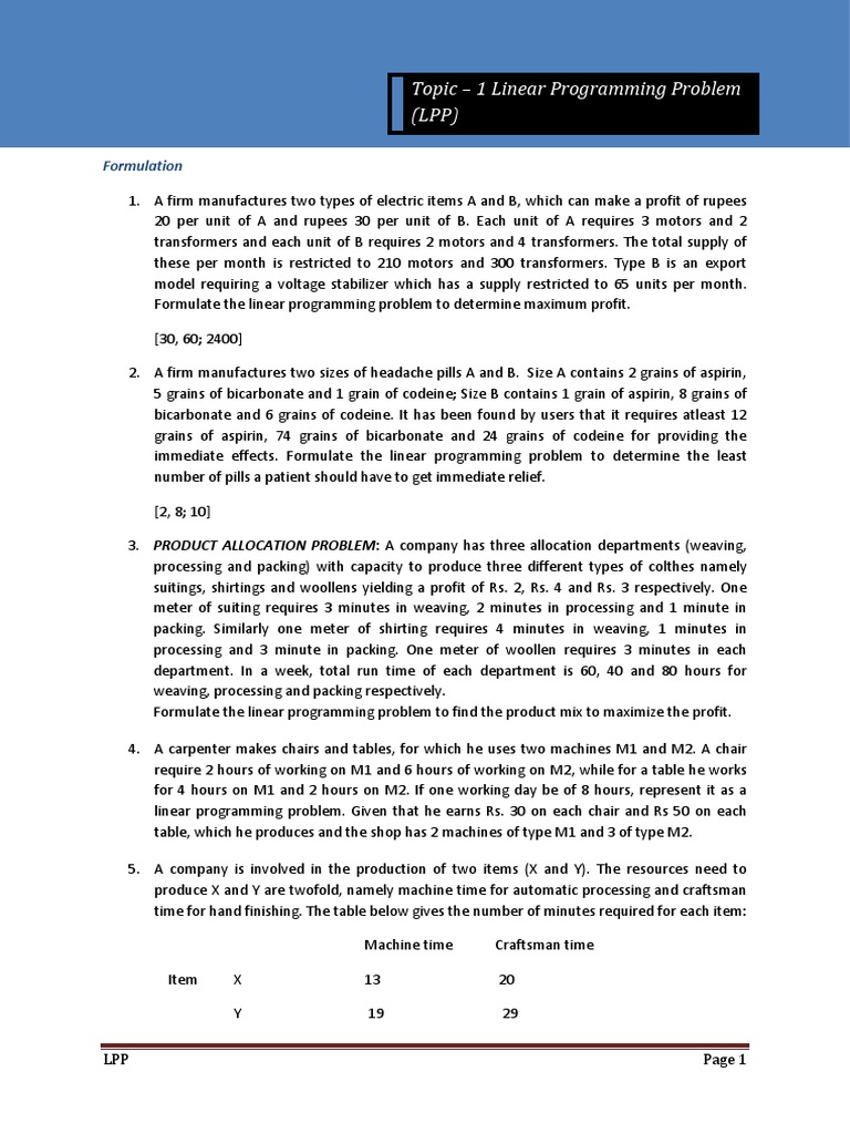 OPERATIONS RESEARCH Assignment 1 Formulation of LPP | Download Free PDF ...