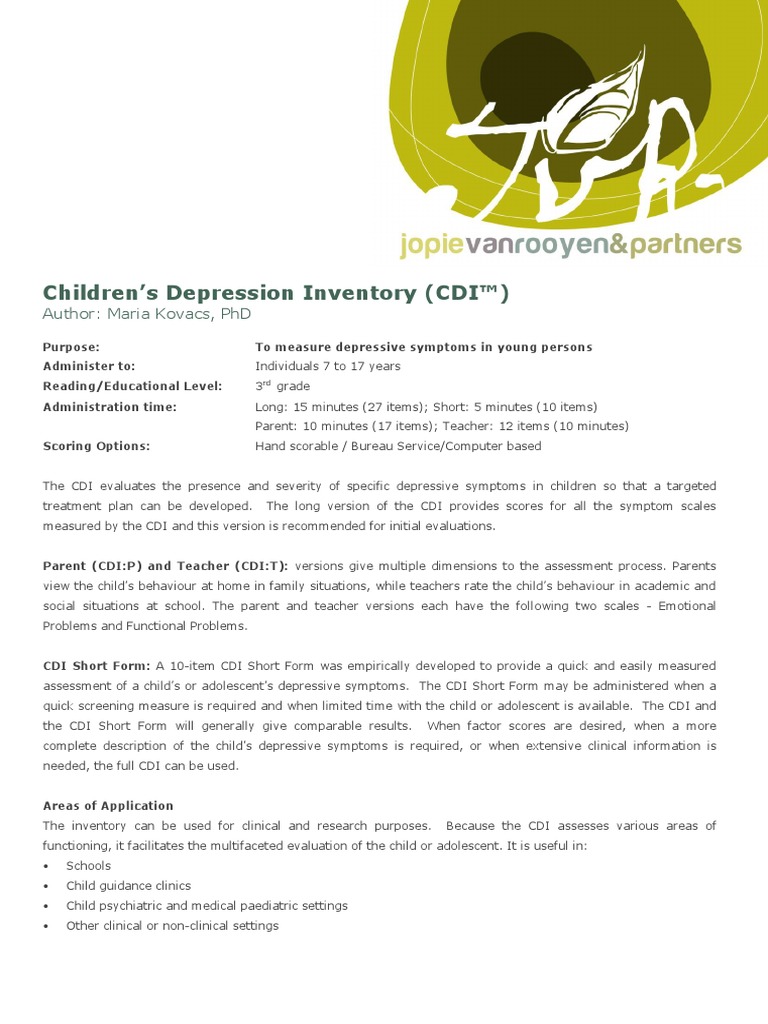 Children's Depression Inventory CDI™ PDF | PDF | Mental And Behavioural ...