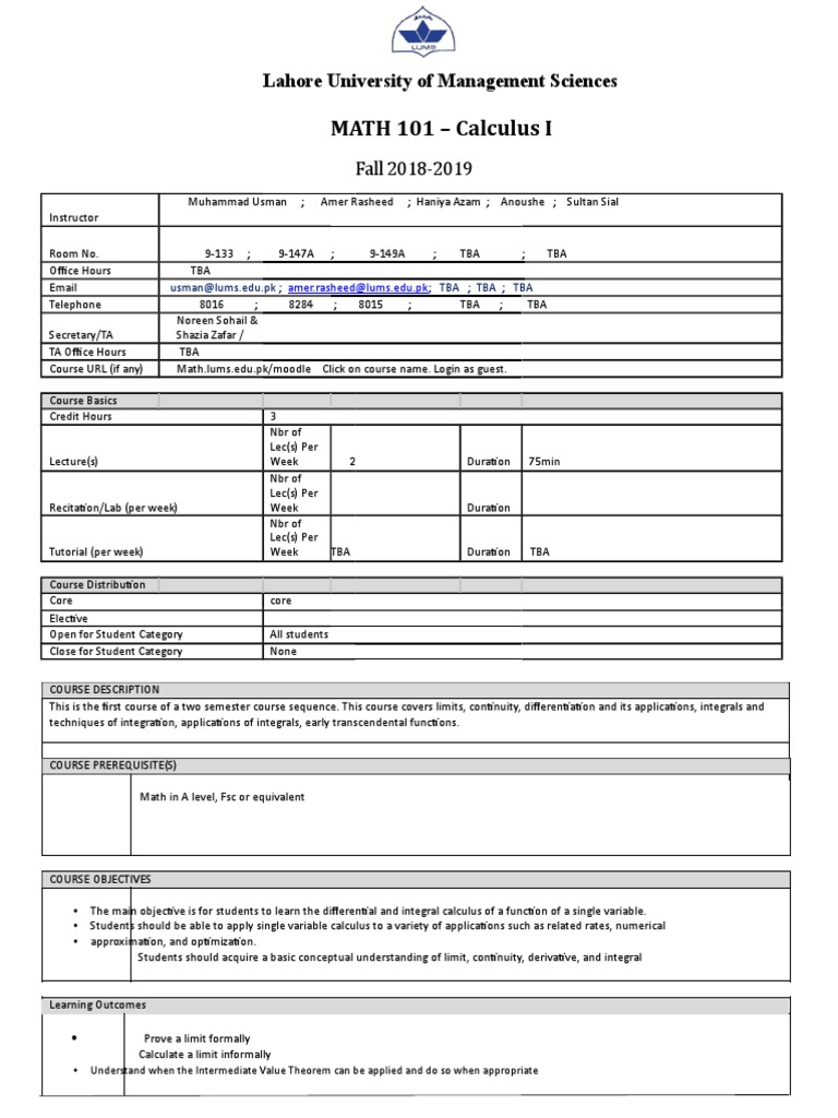 MATH 101 - Calculus-I Fall 2019 | PDF | Derivative | Integral