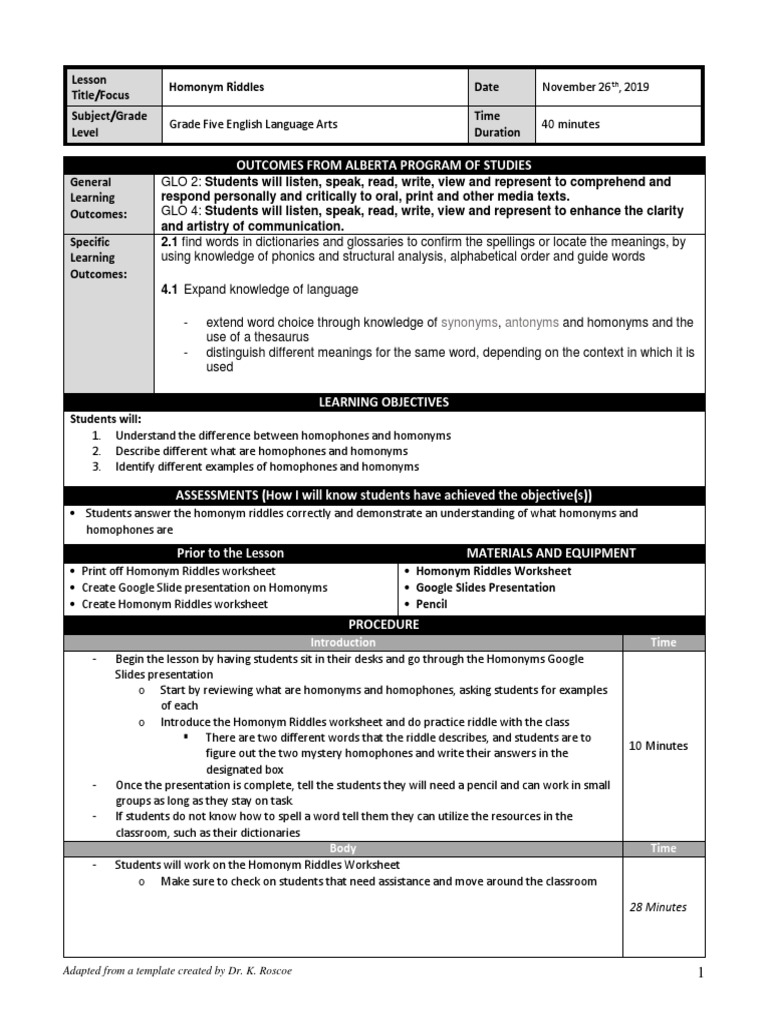 Homonym Riddles Lesson Plan for Grade 5 | PDF | Phonics | Pedagogy
