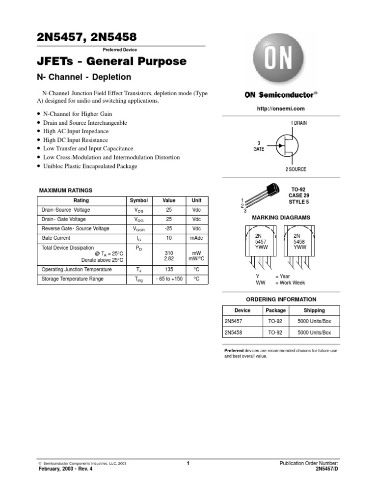 2N5457, 2N5458 Jfets General Purpose | PDF