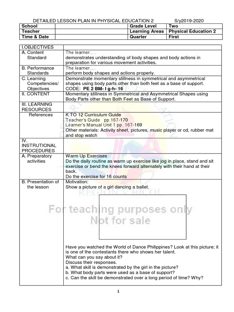 Grade 2 Body Shapes Lesson Plan | PDF | Physical Education | Lesson Plan