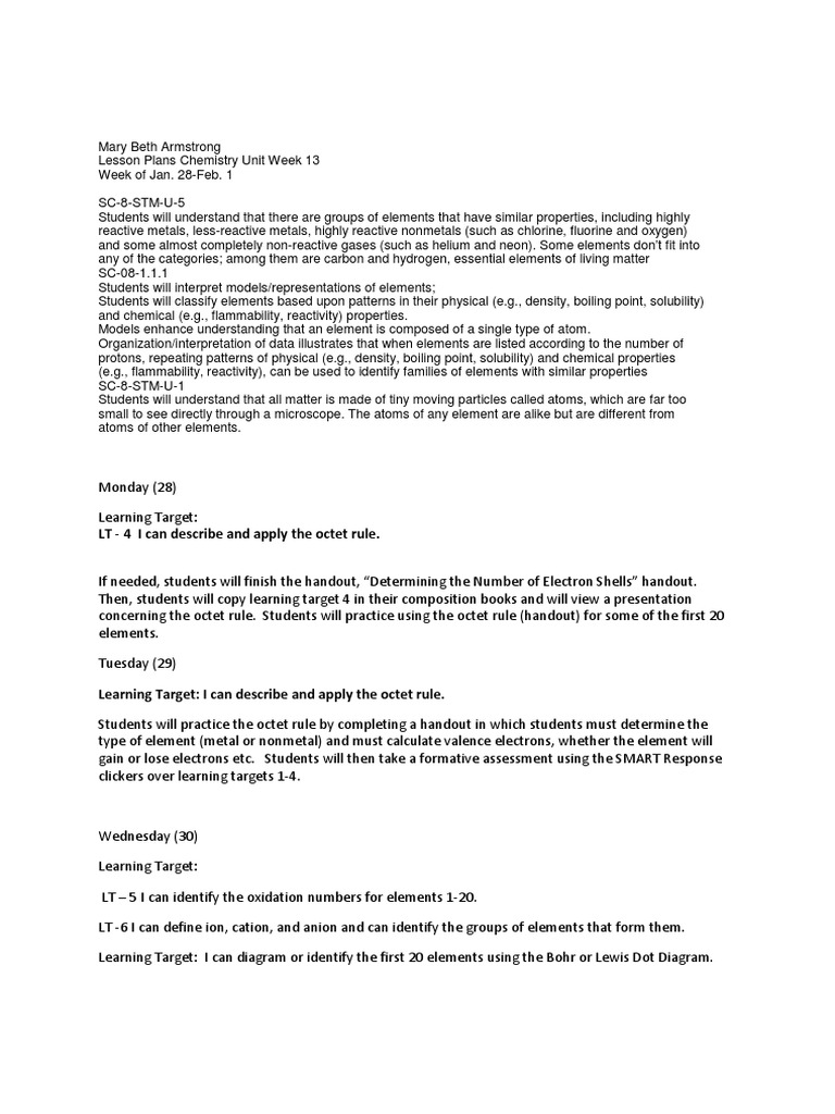 Week 13 Chemistry Lesson Plans | PDF | Ion | Chemical Elements