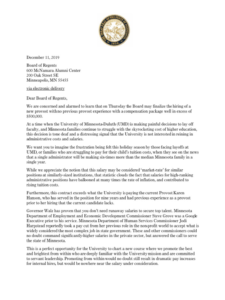 Legislator Letter To UMN Regents | PDF