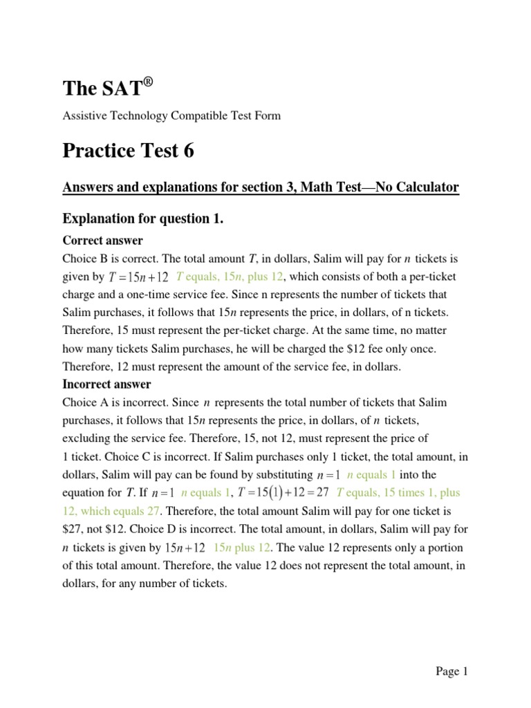 Sat Practice Test 6 Math No Calculator Answers Assistive Technology ...