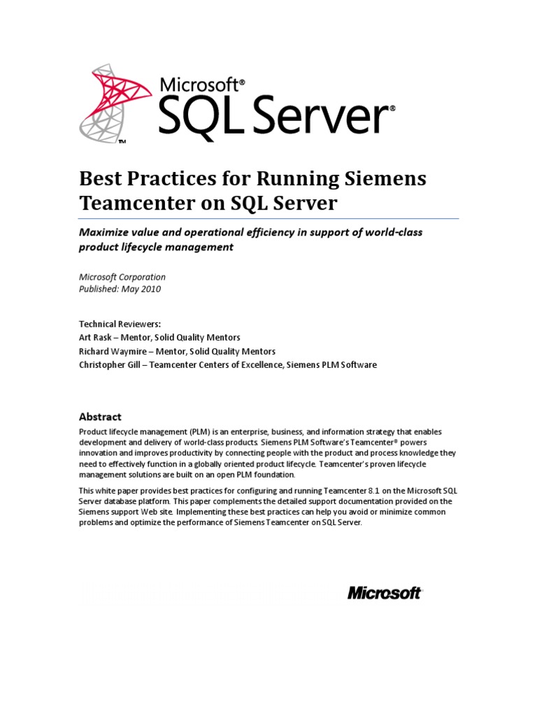 Best Practices For Running Siemens Teamcenter On SQL Server | PDF ...