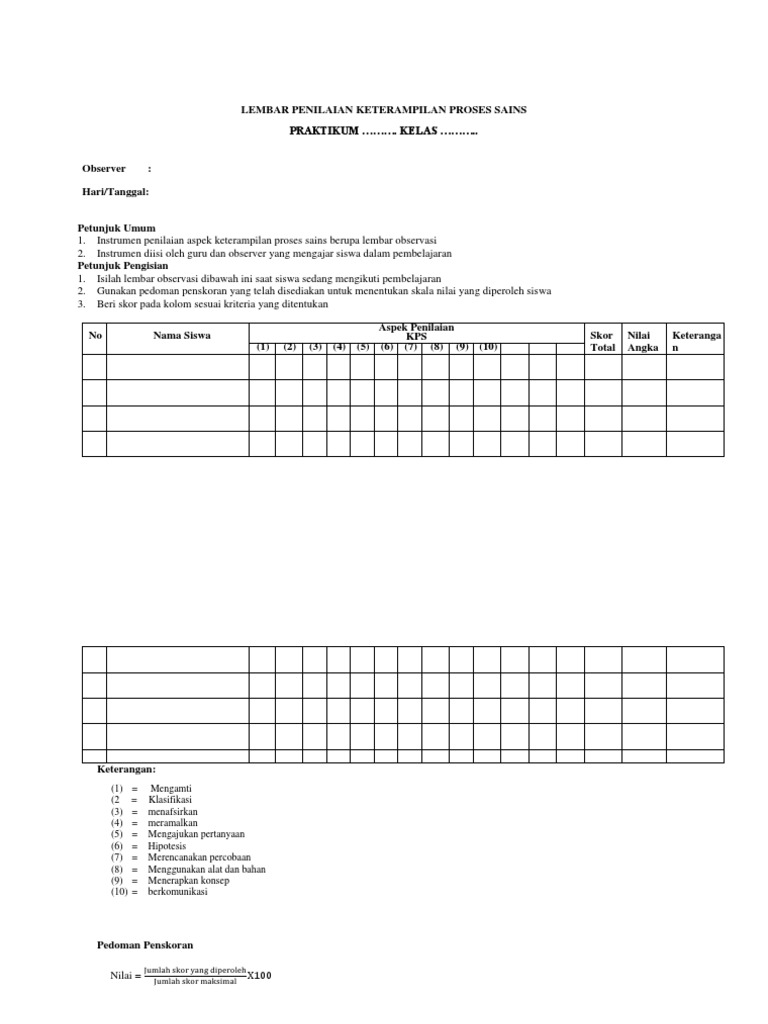 Lembar Penilaian Keterampilan Proses Sains | PDF