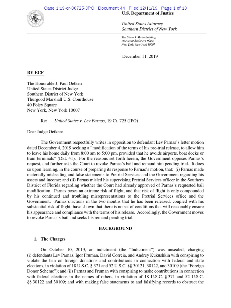 Lev Parnas Filing | PDF | Bail | Remand (Detention)