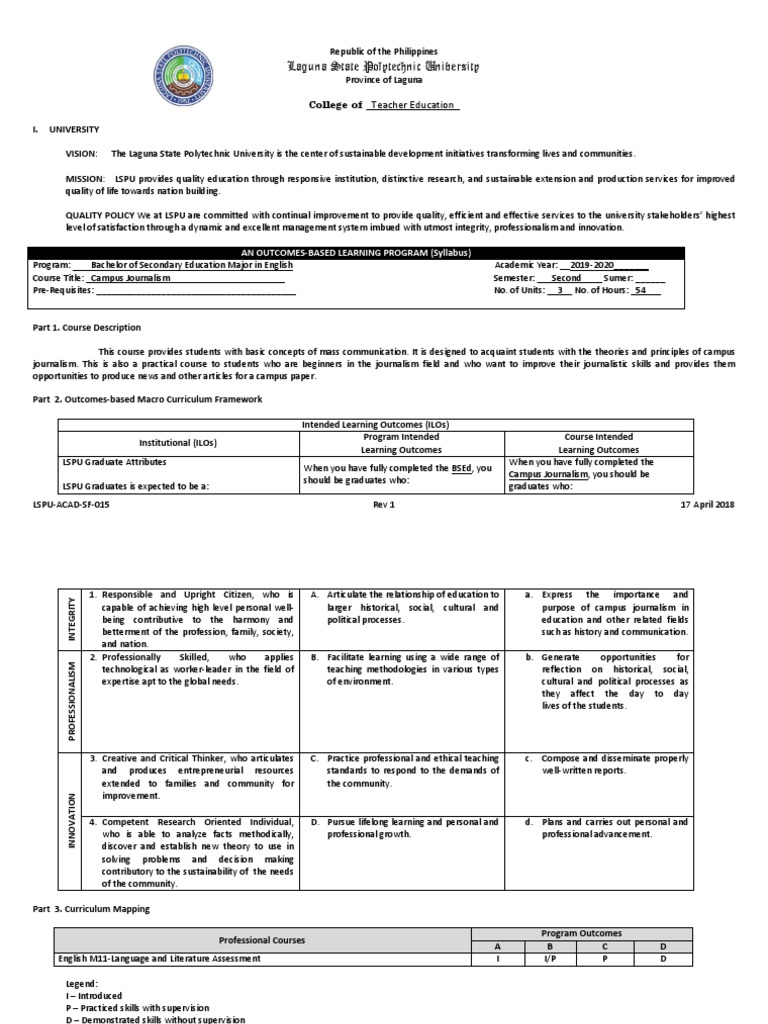 Syllabus in Campus Journalism | PDF | Journalism | News