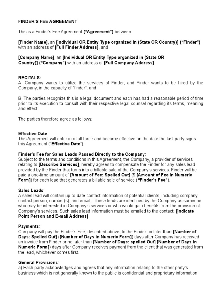 Finder's Fee Agreement (Service Provider) MM | PDF | Confidentiality ...