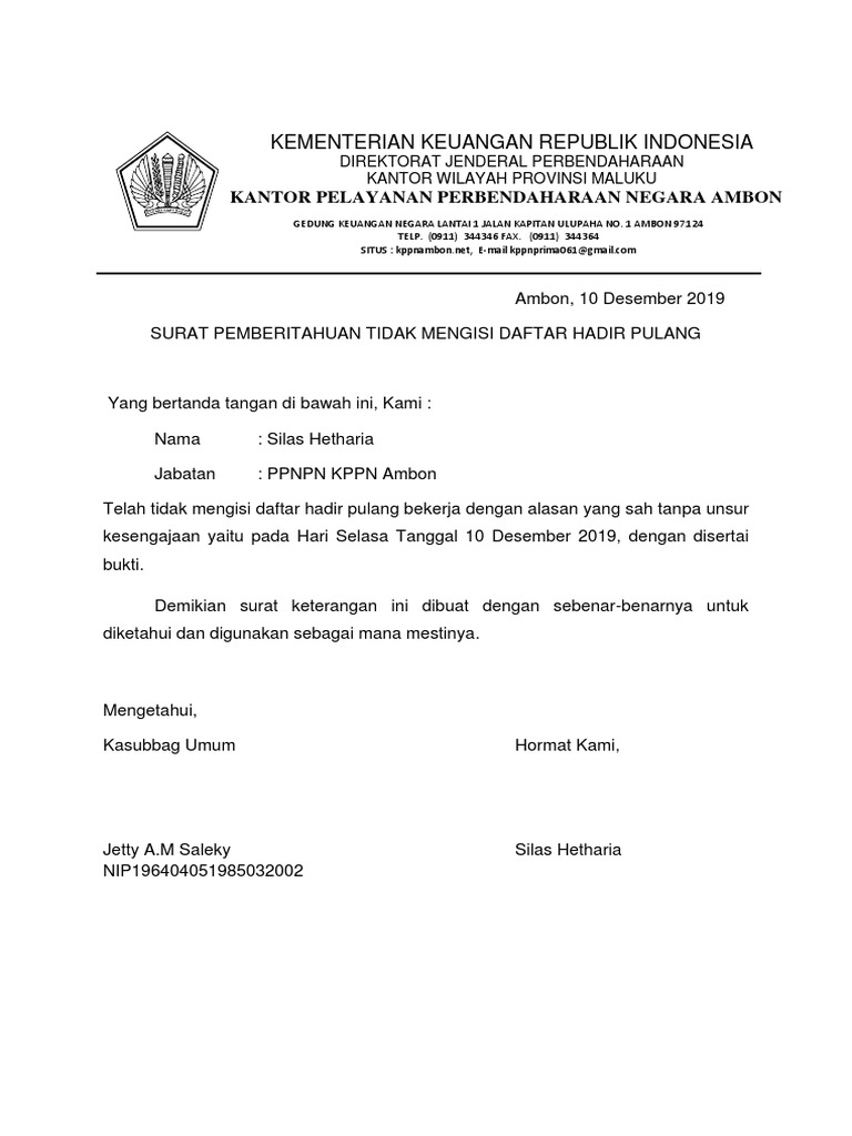 Surat Lupa Absen PLNG PPNPN | PDF