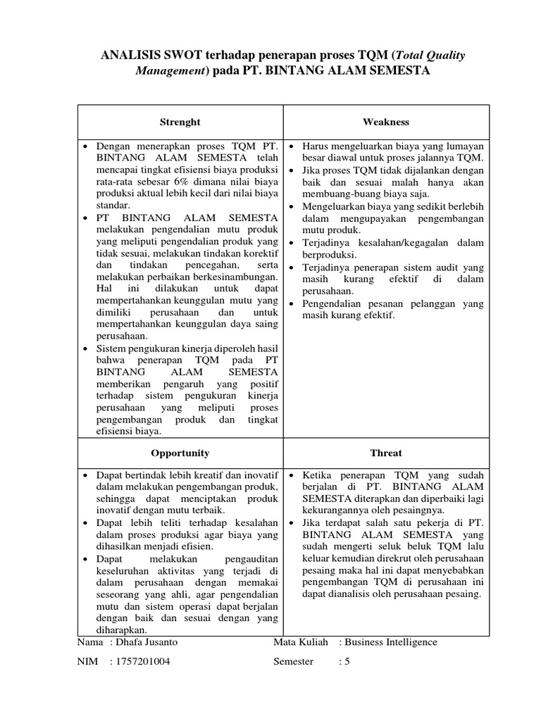 Analisis SWOT TQM di PT Bintang Alam | PDF | Teknologi & Rekayasa