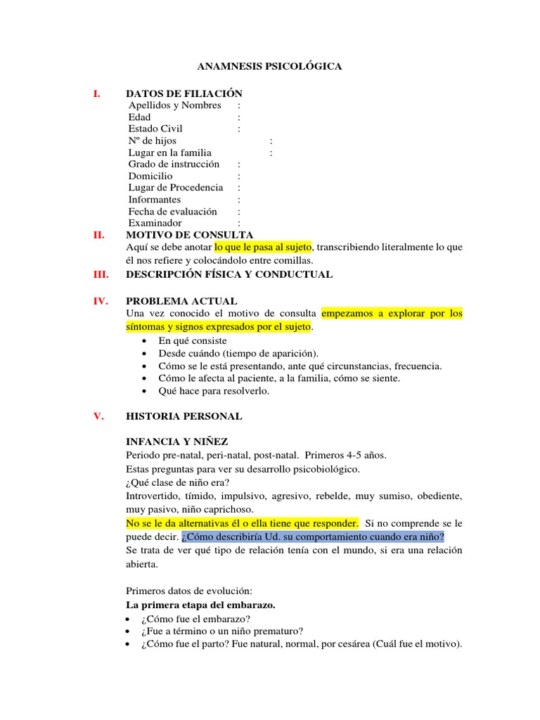 Modelo de ANAMNESIS PSICOLÓGICA | PDF | Parto | Estrés (biología)