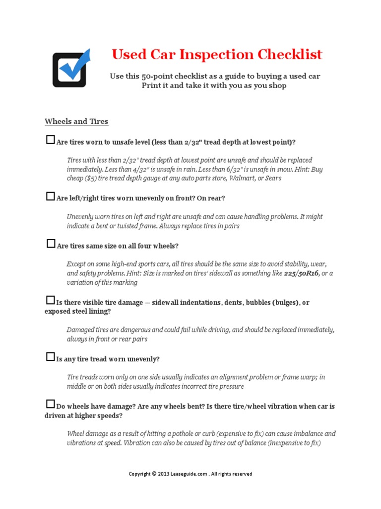 Inspection Checklist | PDF | Transmission (Mechanics) | Tire