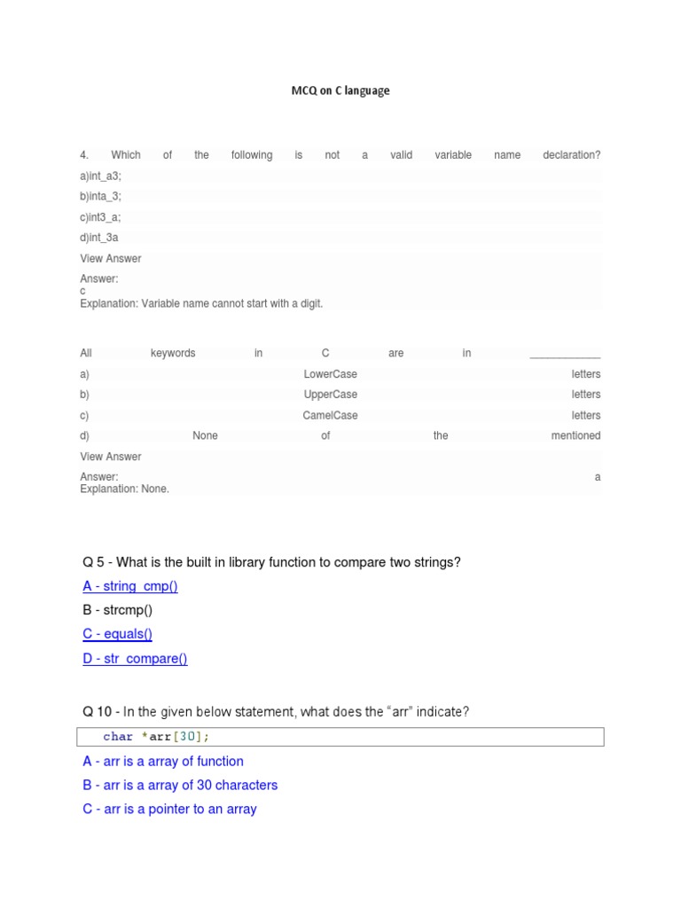 MCQ On C Language PDF | PDF | C (Programming Language) | Array Data ...