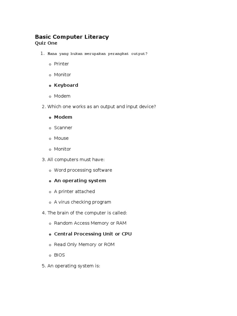 Basic Computer Literacy: Quiz One | Download Free PDF | Random Access Memory | Read Only Memory