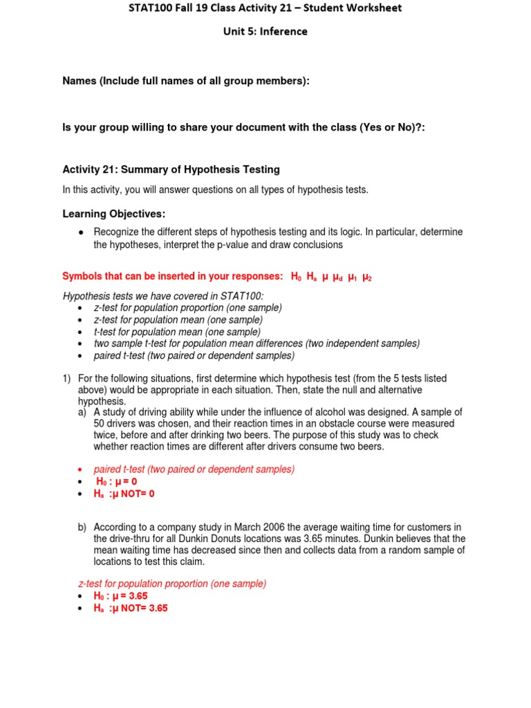 STAT100 Fall19 Activity 21 Worksheet | PDF | P Value | Statistical ...