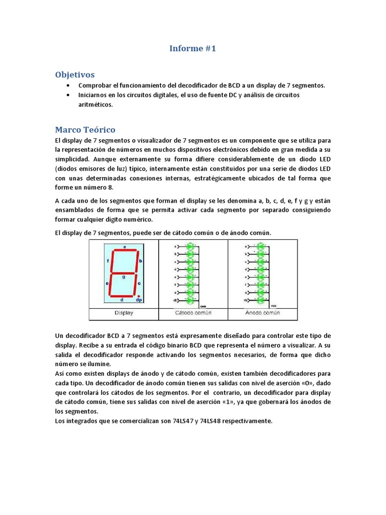 Informe 1 Display 7 Segmentos | PDF | Decimal codificado en binario | Diodo emisor de luz