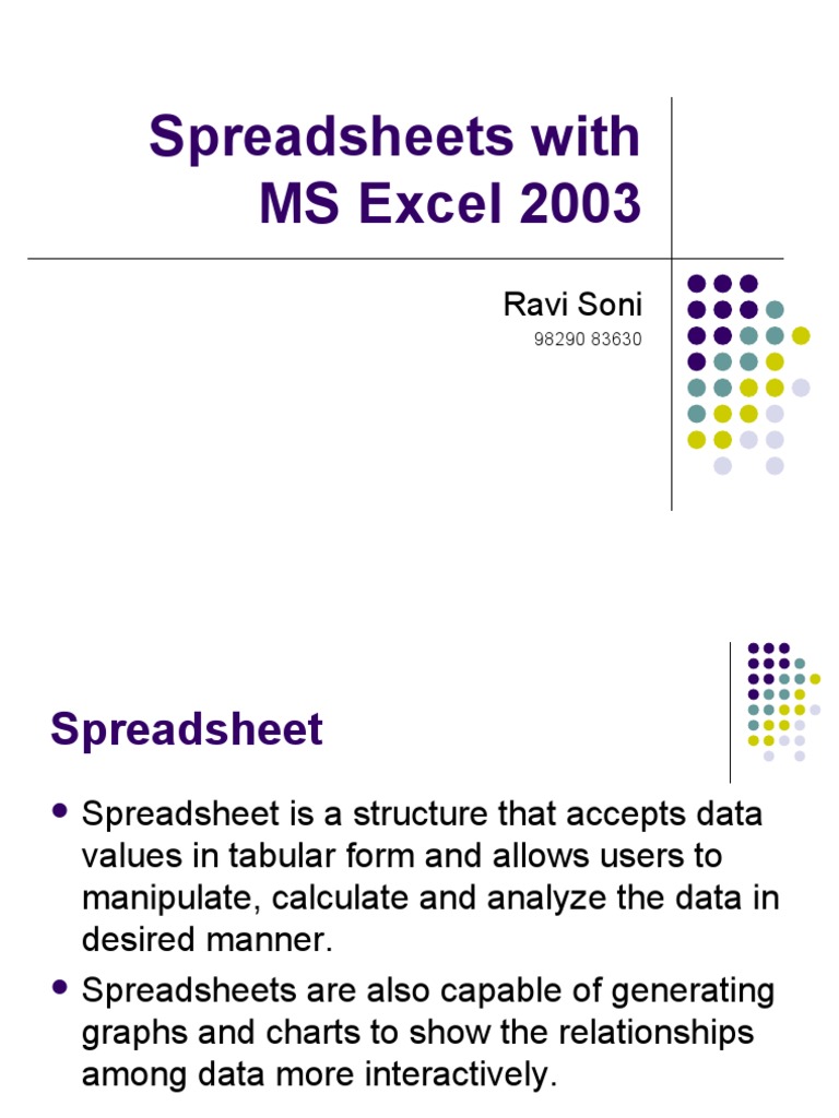 Spreadsheets With MS Excel 2003: Ravi Soni | PDF | Spreadsheet ...