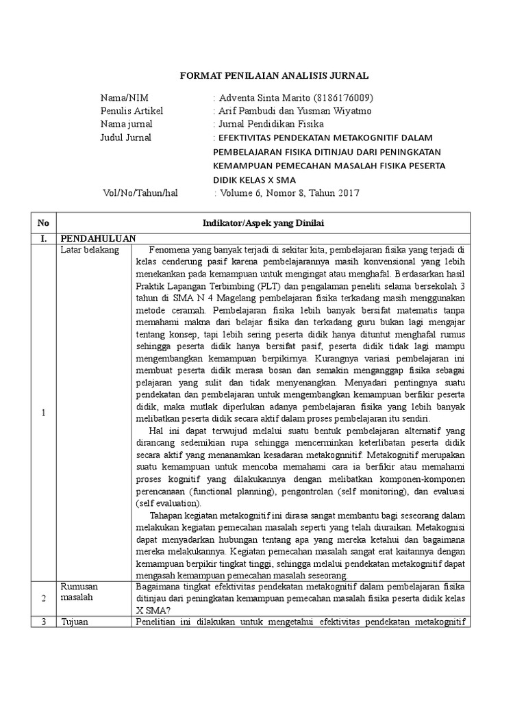 Contoh Analisis Jurnal Kognisi Dan Metakognisi