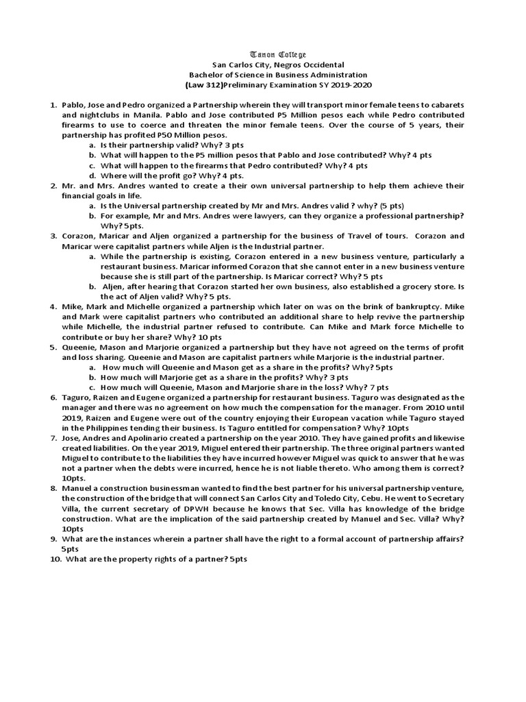 Prelim Exam | PDF | Partnership | Government