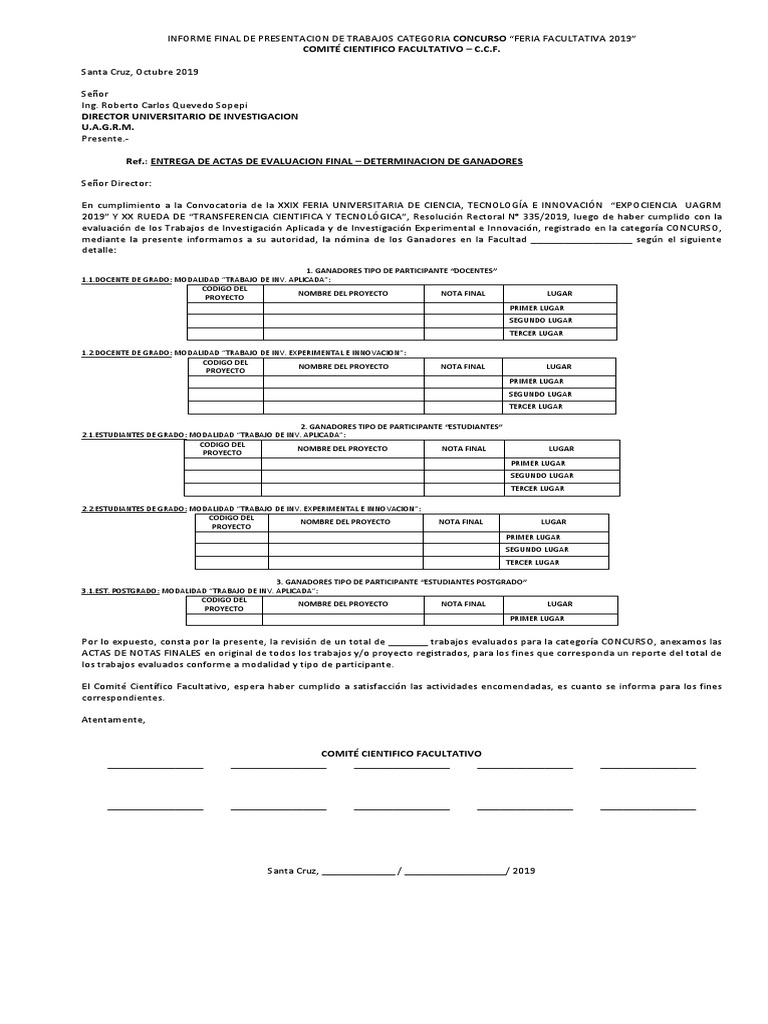 Carta de Informe Final 2019 | PDF | Investigación | Science