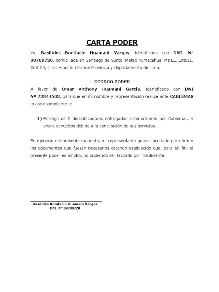 Carta poder para la devolución de decodificadores a Cablemas | PDF