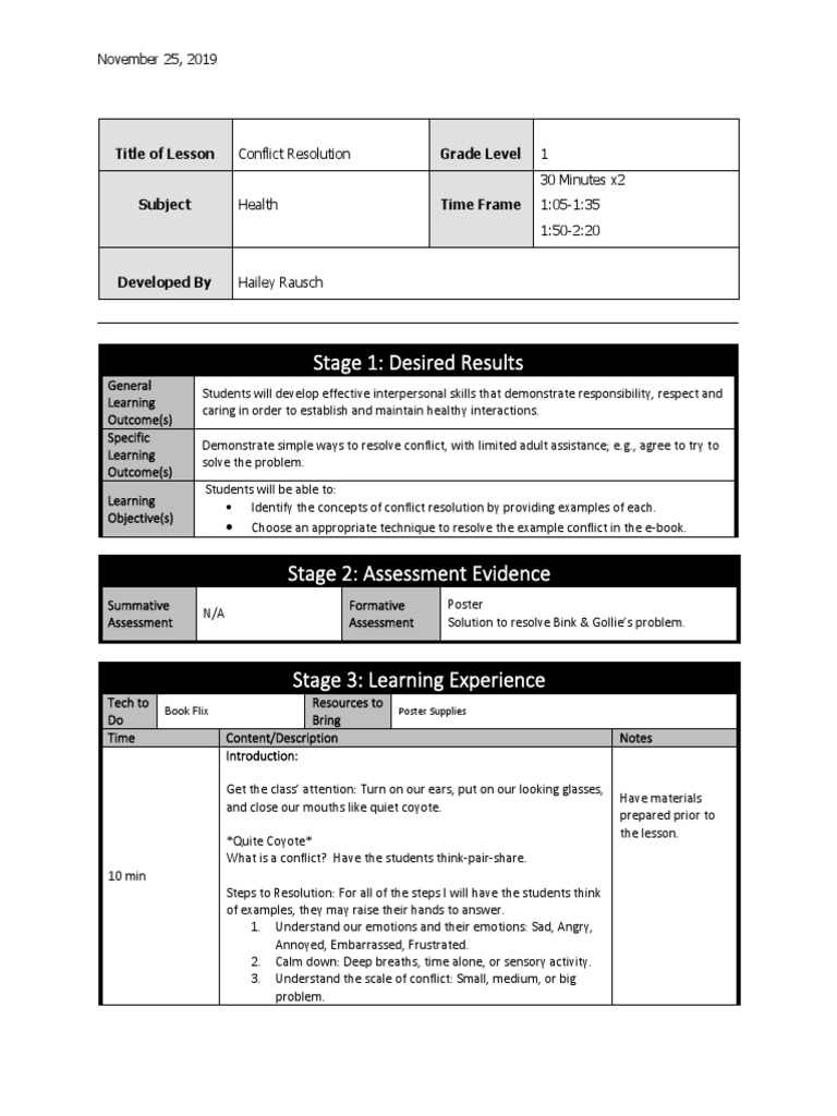 Conflict Resolution Lesson Plan PDF | PDF | Conflict Resolution | Emotions