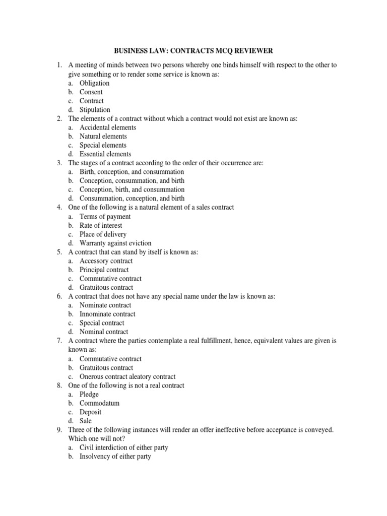 Contracts MCQ Review for Business Law | PDF