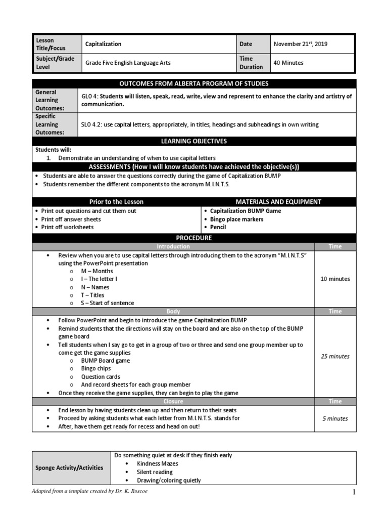 Capitalization Lesson Plan for Grade 5 | PDF | Lesson Plan | Semiotics