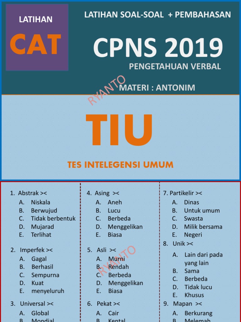 Latihan Soal Tiu Kemampuan Verbal - Antonim CPNS 2019 PDF | PDF