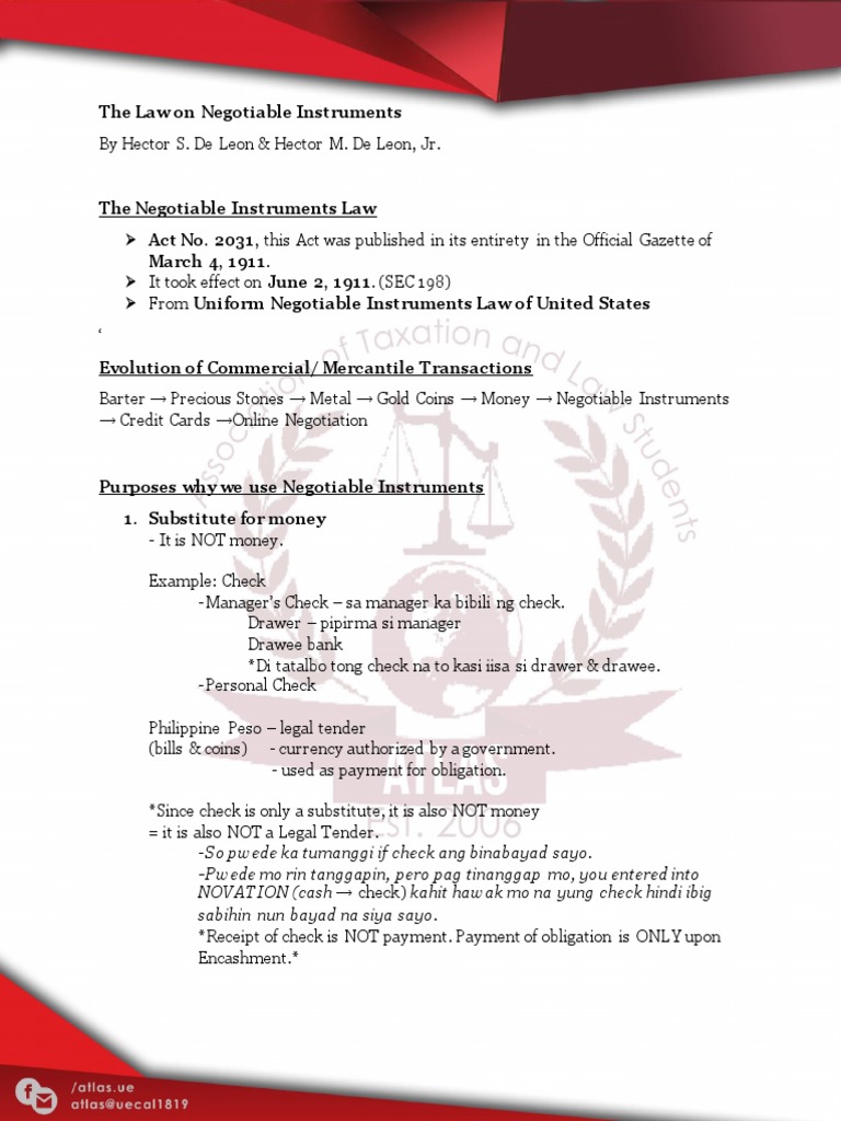 Law On Negotiable Instruments Reviewer | PDF | Negotiable Instrument | Cheque