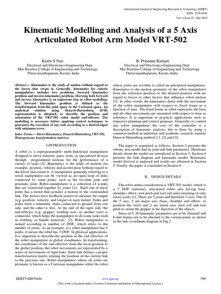 Kinematic Modelling and Analysis of A 5 Axis Articulated Robot Arm Model VRT 502 IJERTV4IS070484 ...