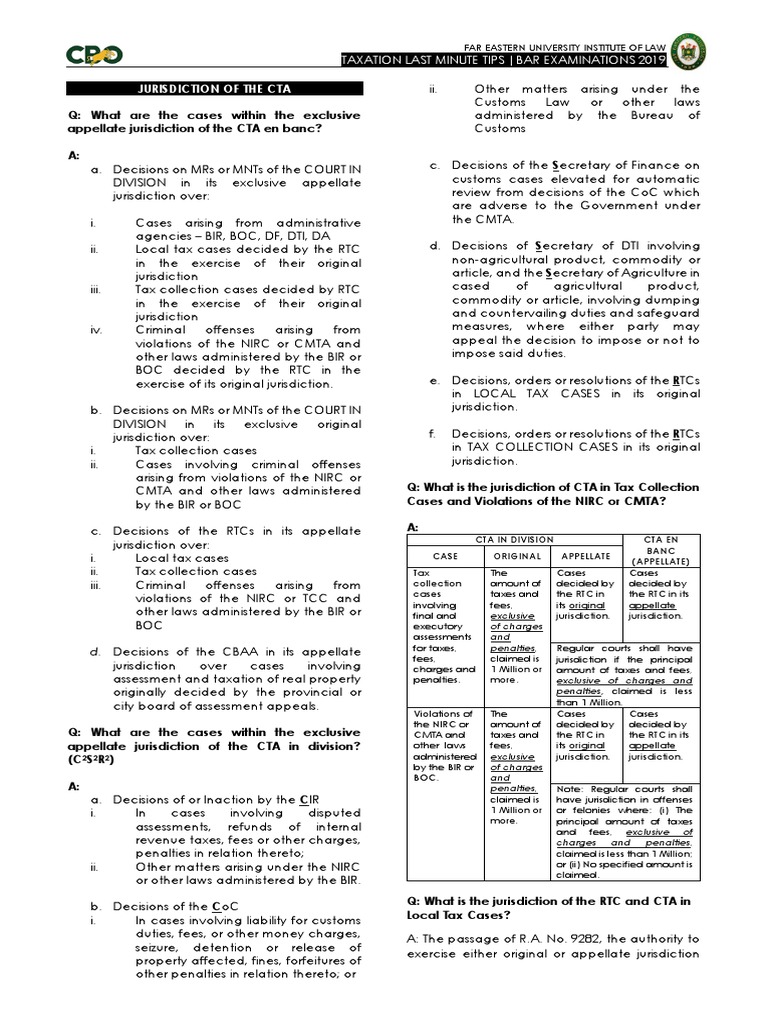Jurisdiction of the CTA and RTC Over Tax Cases and Violations of Tax ...