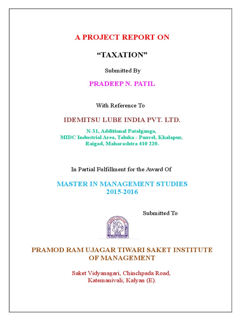 Project Report of MBA On Taxation - 309668020 | PDF | Income Tax | Taxes