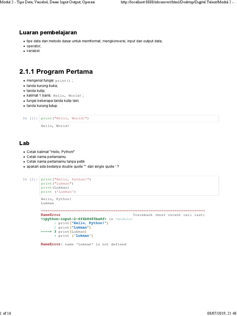 Modul 2 - Tipe Data, Variabel, Dasar Input Output, Operasi | PDF