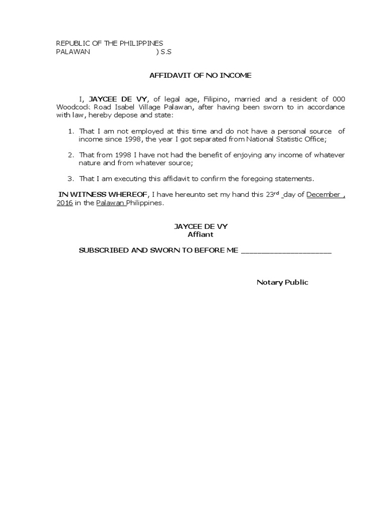 AFFIDAVIT OF NO INCOME Sample | PDF
