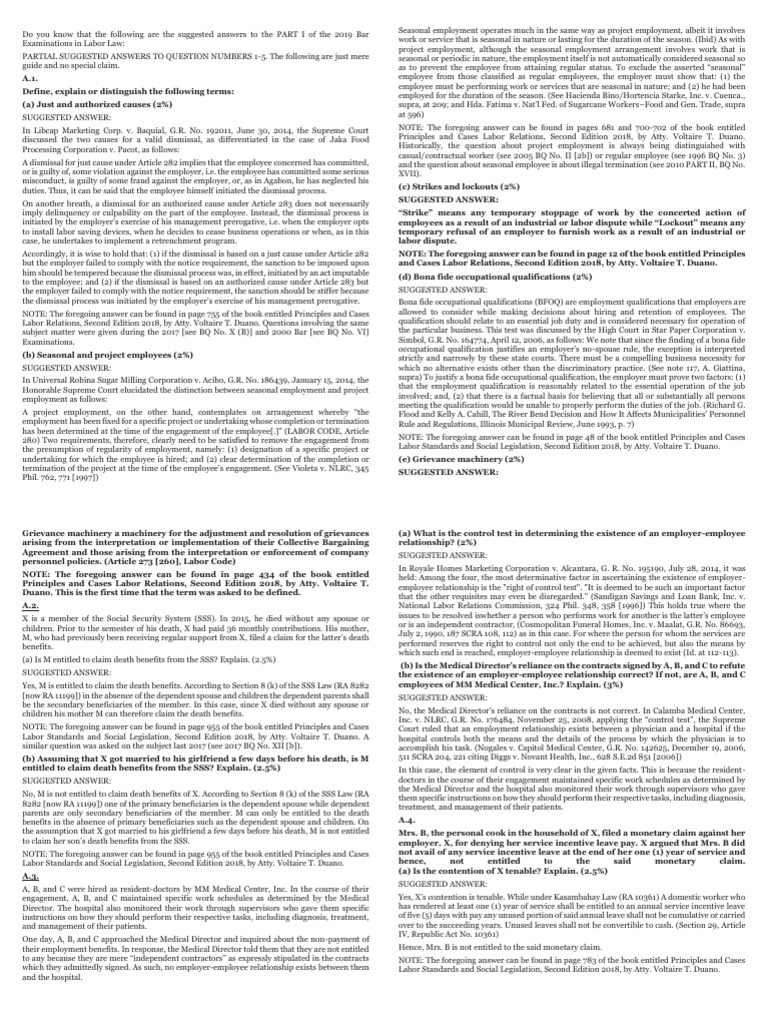 Labor Law 2019 Bar Q and A | PDF | Employment | Labour Law